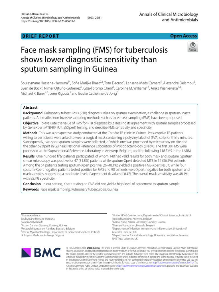 Face Mask Sampling (FMS) For Tuberculosis Shows Lower Diagnostic ...