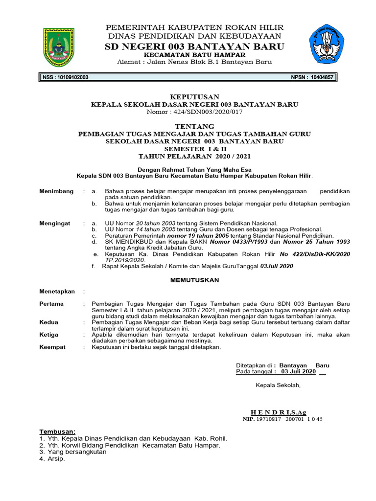 SK PEMBAGIAN TUGAS 2020 Semester 2 - SDN 003 BANTAYAN BARU | PDF