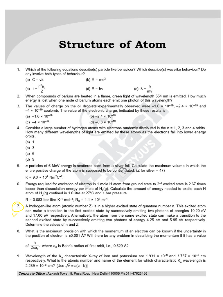 Structure of Atom - Question | Download Free PDF | Electronvolt | Atoms
