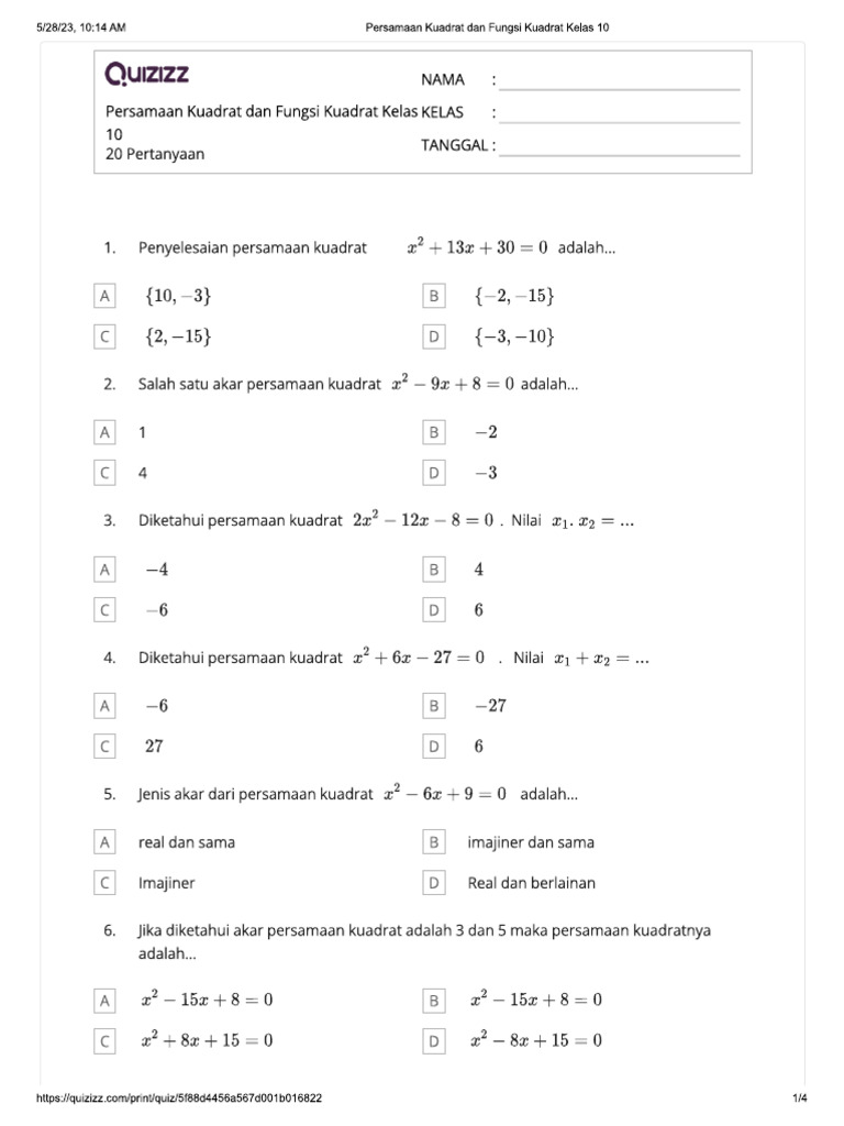 Persamaan Kuadrat Dan Fungsi Kuadrat Kelas 10 | PDF