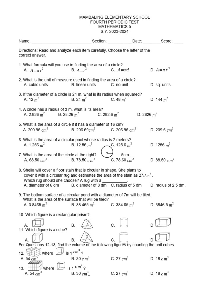 4th PERIODICAL TEST MATH 2023 2024 | PDF | Volume | Area