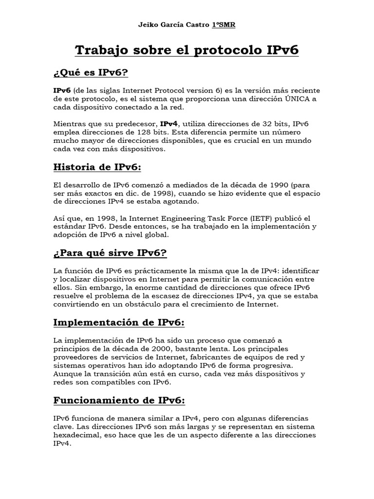 Trabajo Sobre IPv6 - Jeiko | PDF | Yo Pv6 | Internet