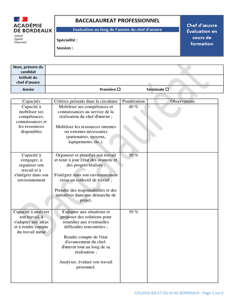 Grille Evaluation CCF Suivi Du Chef doeuvre2022BacPro 1 | PDF | Évolution de carrière | Affaires