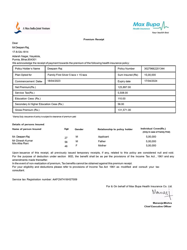 Health Insurance Premium Receipt | PDF | Insurance | Taxes