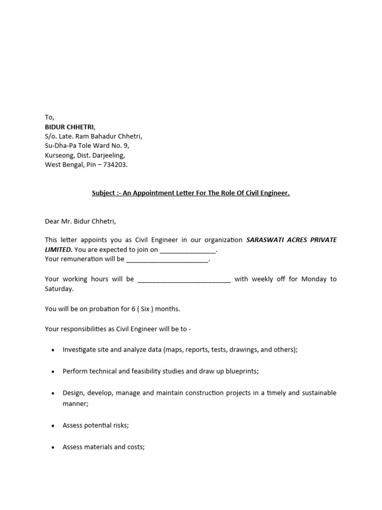 Civil Engineer Appointment Letter | PDF
