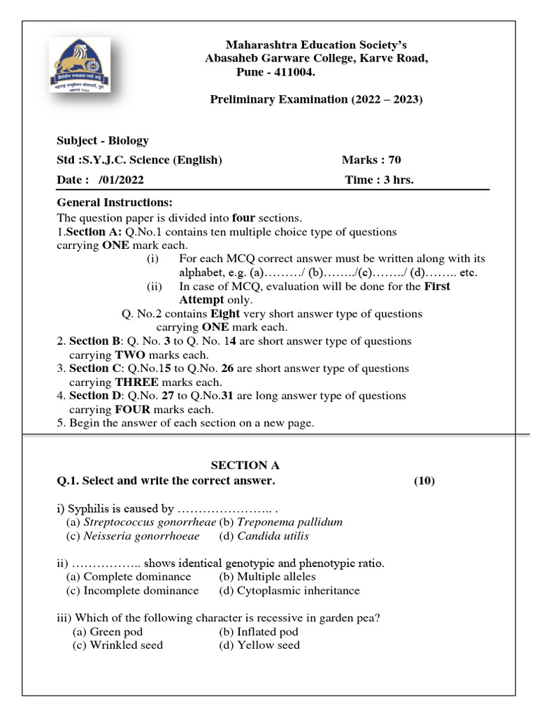 Biology Prelim Paper XII-2022-23 | PDF | Dominance (Genetics) | Biology