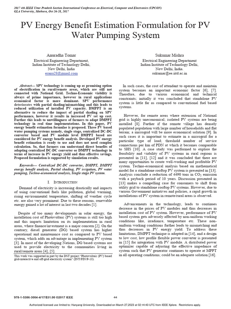 Pv Energy Benefit Estimation Formulation For Pv Water Pumping System Pdf Photovoltaics