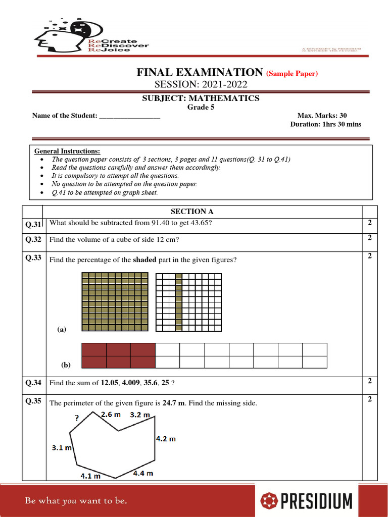 G5 Mathematics Final Examination (Sample Paper) | PDF | Length