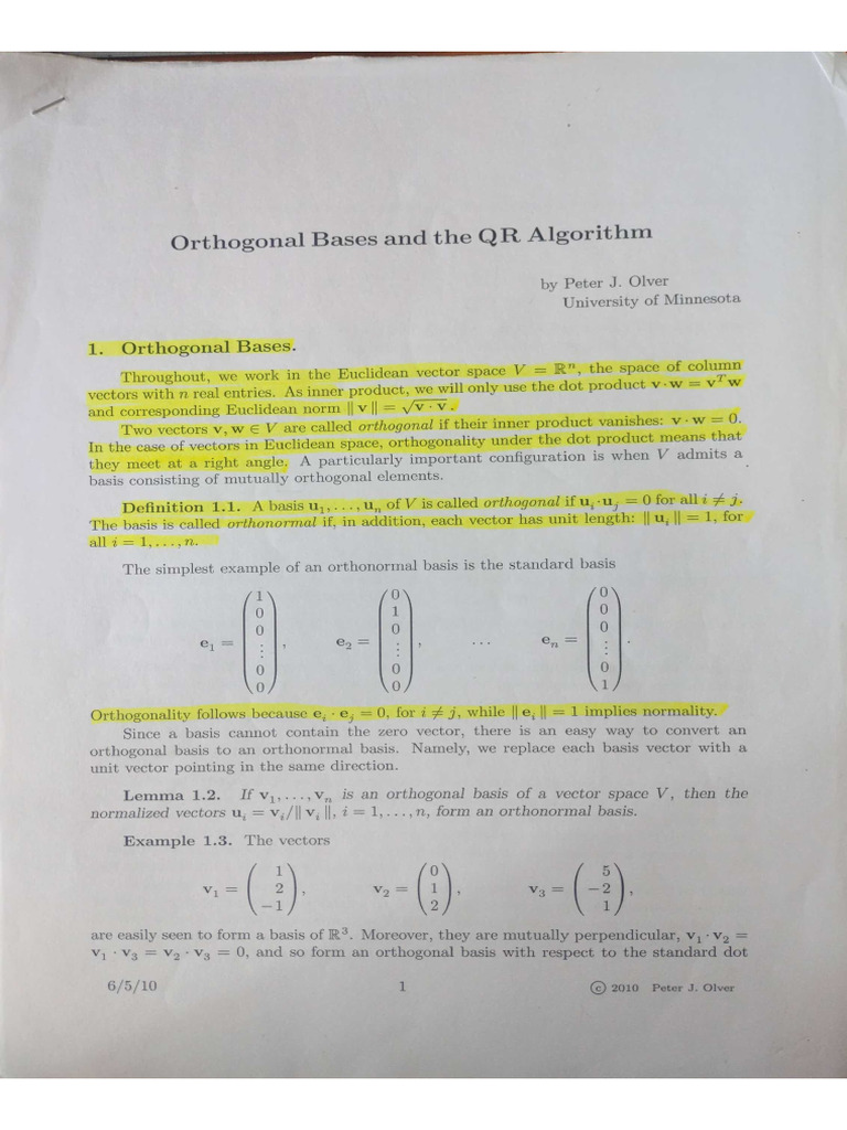 Orthogonal Basis and QR Algorithm | PDF