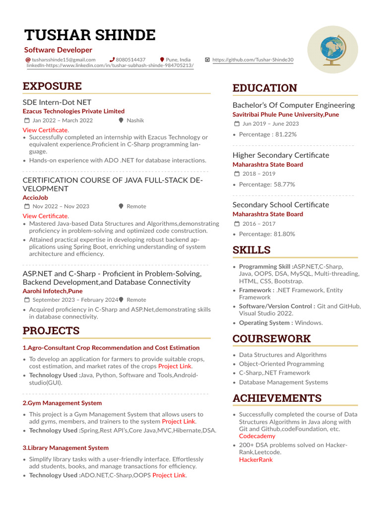 Tushar Shinde: Software Developer Resume | PDF | Computing | Software Engineering