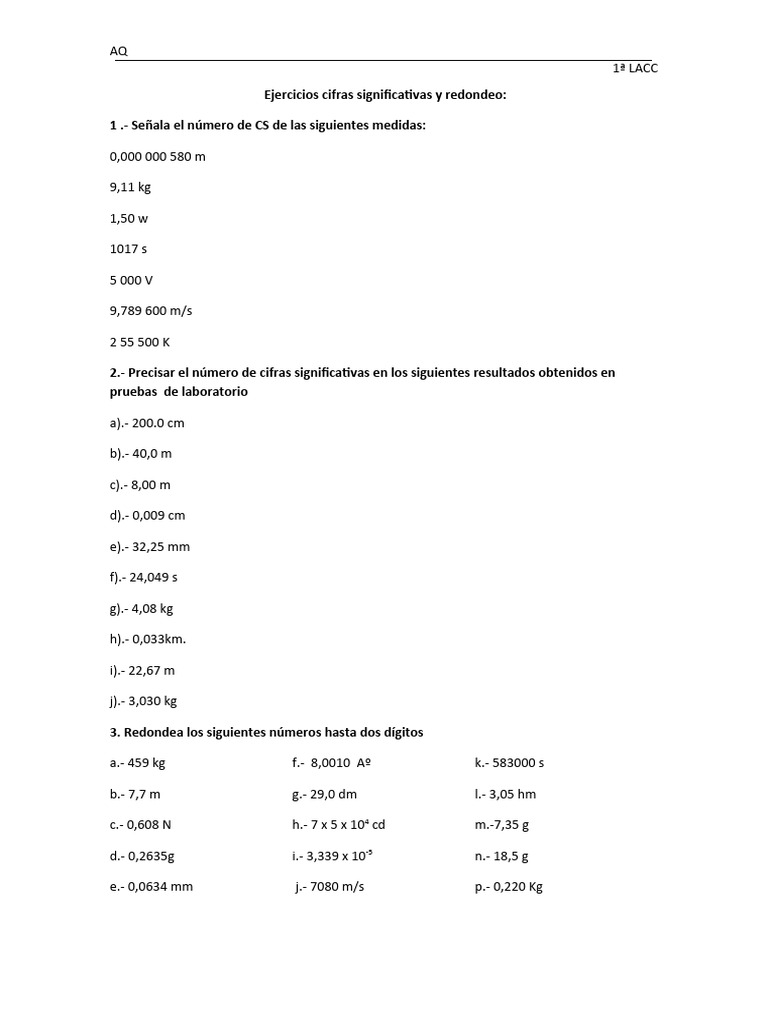 Ejercicios de Cifras Significativas y Redondeo | PDF