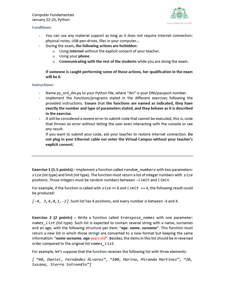 Python Exam Instructions and Exercises | PDF | Parameter (Computer Programming) | Menu (Computing)