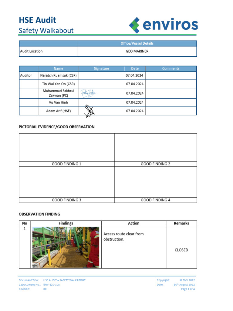 7 April 2024 ENV-120-108 - HSE Audit Checklist - Safety Walkabout Rev.0 ...