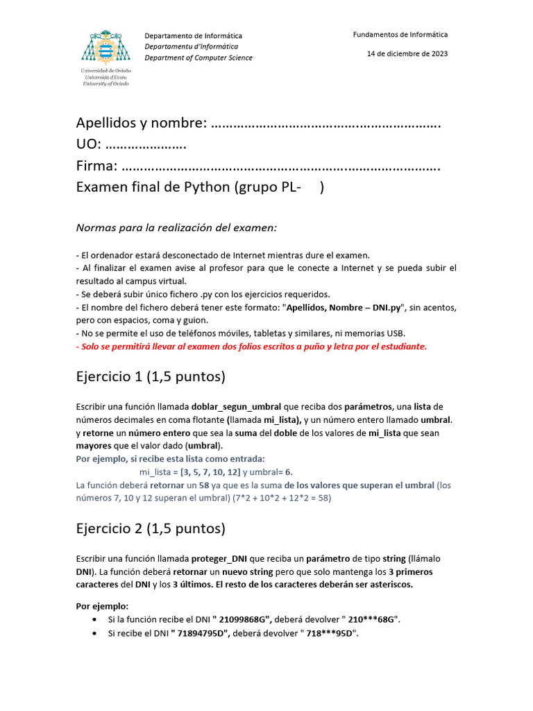 Examen Final de Python: Ejercicios y Normas | PDF | Archivo de computadora | Programación de ...