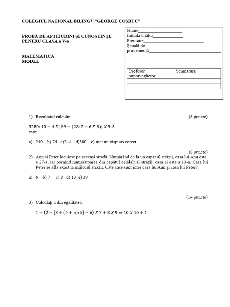Model Subiecte Matematica Admitere Clasa A V A | PDF