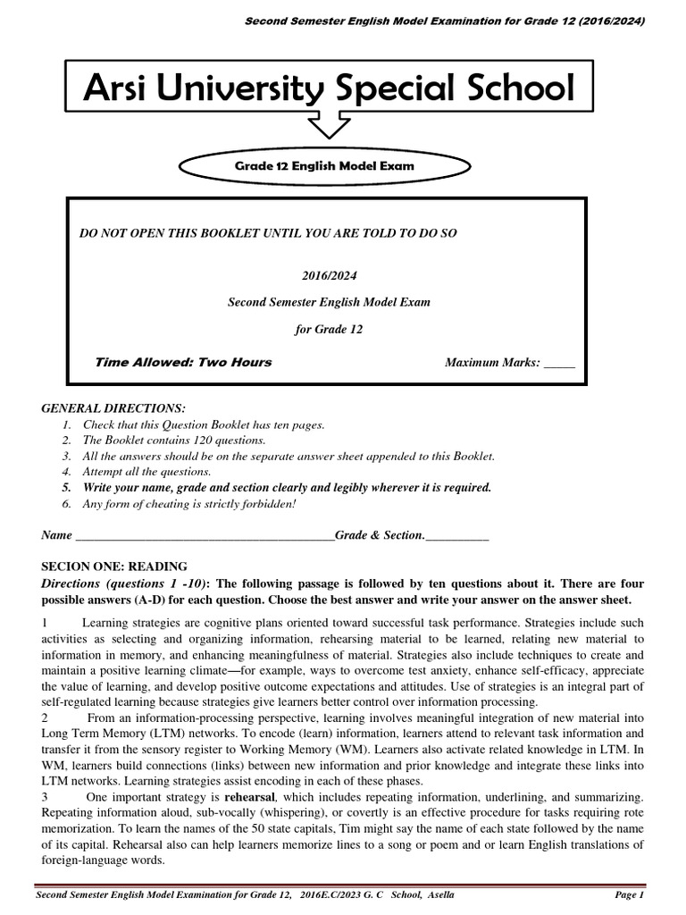 Arsi Univ. English Model Exam - 2 | PDF | Learning | Mnemonic