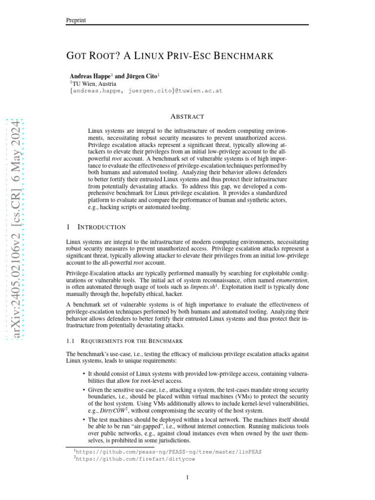 Linux Privilege Escalation Benchmark | PDF | Superuser | Vulnerability (Computing)