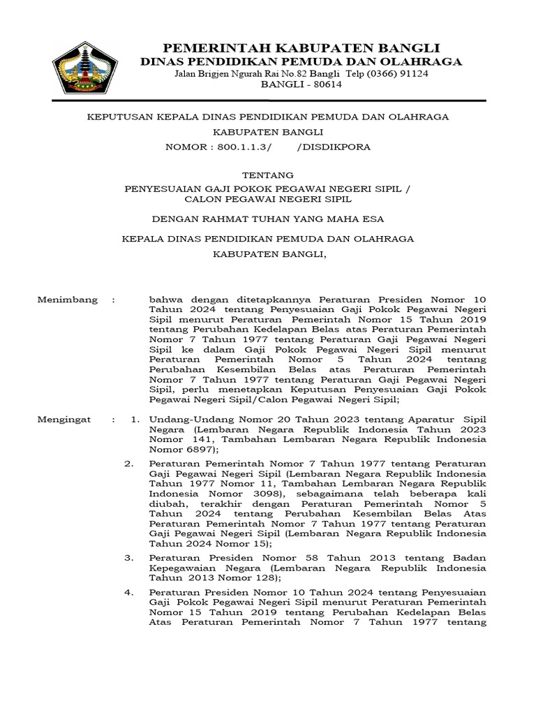 SK Penyesuaian Gaji Pokok Disdikpora 01 | PDF