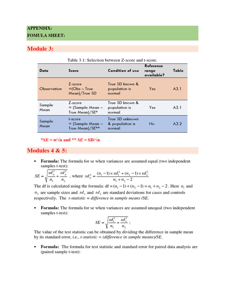 Formula Sheets | PDF | Standard Error | Standard Deviation