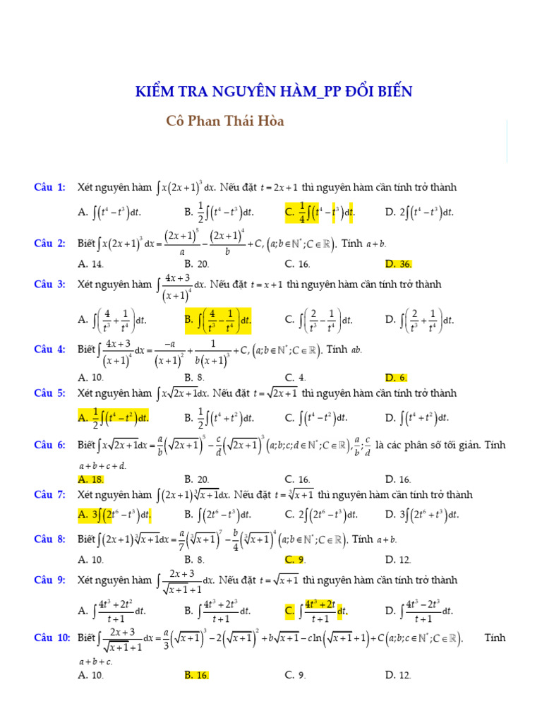 12 - ktra NHUYÊN HÀM - PP ĐỔI BIẾN 50cau | PDF