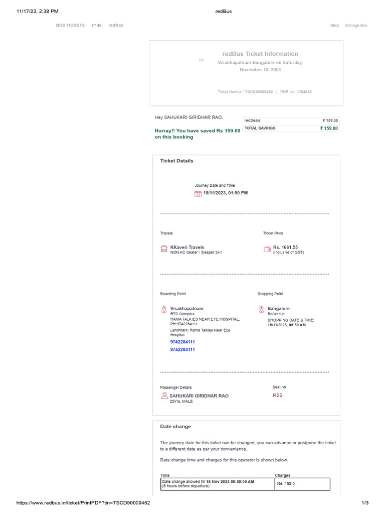 Redbus Ticket VSP-Bangulur | PDF | Bus | Baggage