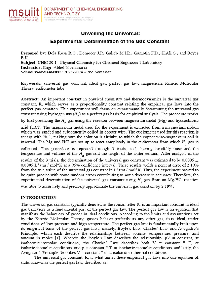 Unveiling The Universal - Experimental Determination of The Gas Constant | PDF | Gases | Mole (Unit)