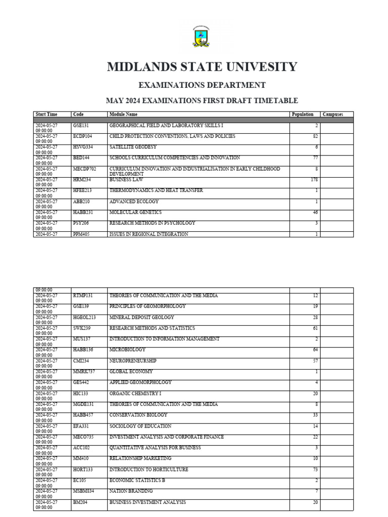 Midlands State University May 2024 Exam Timetable | PDF | Methodology ...