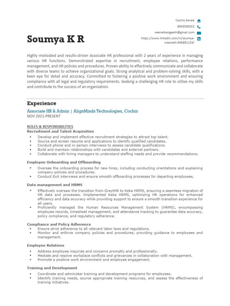 Resume Soumya KR | Download Free PDF | Human Resources | Human Resource Management