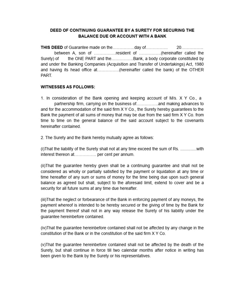 Deed of Continuing Guarantee by A Surety For Securing The Balance Due ...