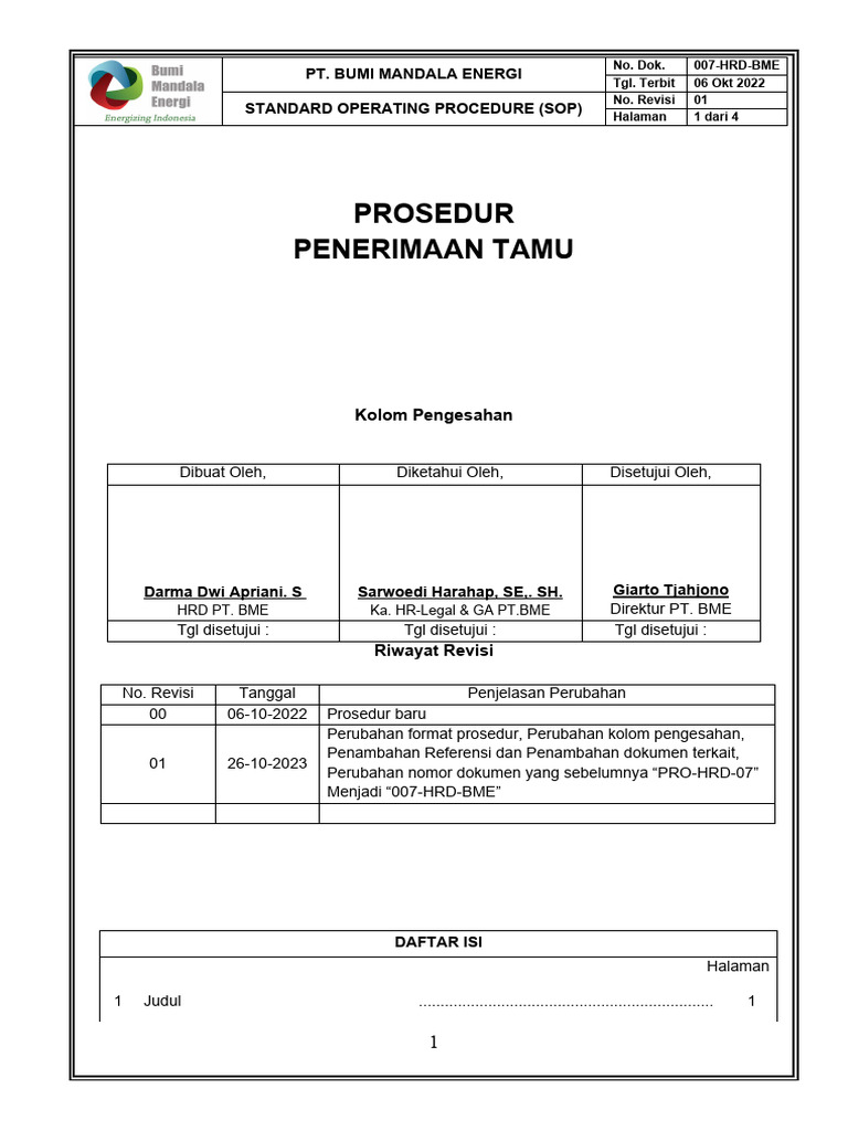 007-HRD-BME-Prosedur Penerimaan Tamu - Rev.01 | PDF | Bisnis