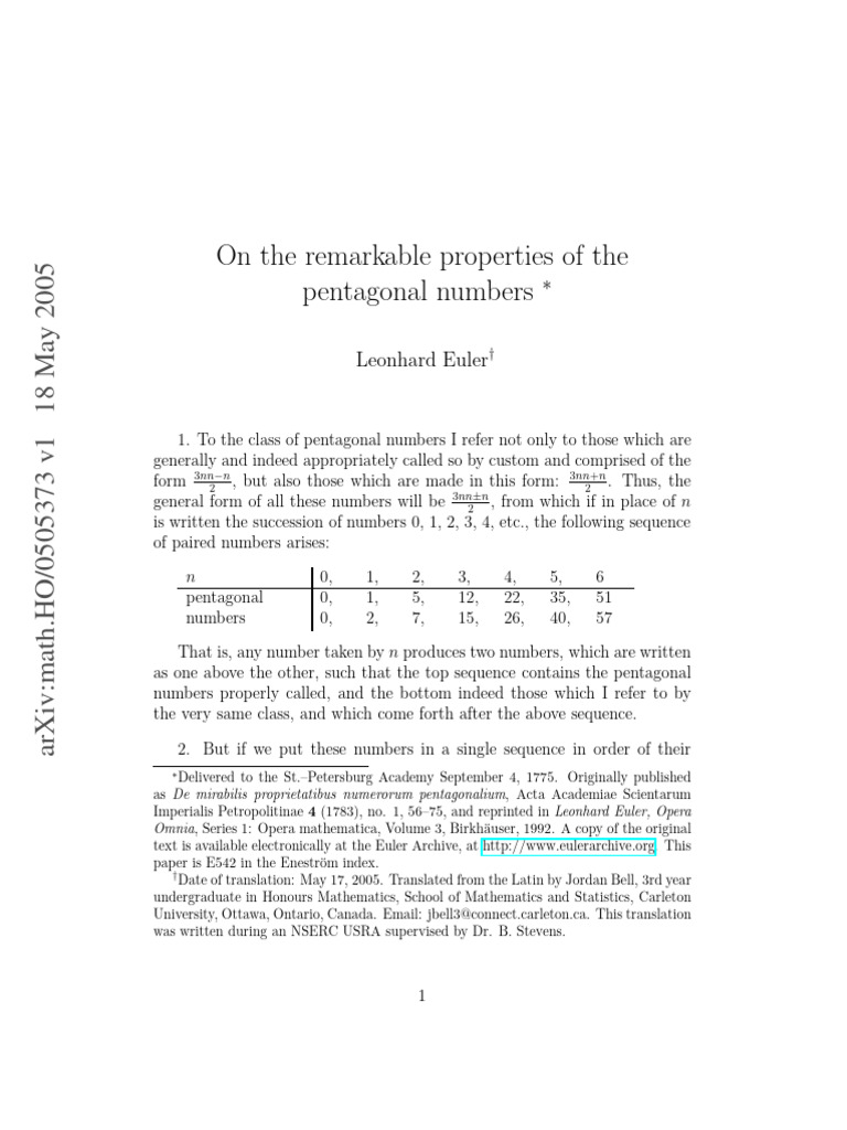 On The Remarkable Properties of The Pentagonal Numbers by Euler L. | PDF | Mathematical Analysis ...