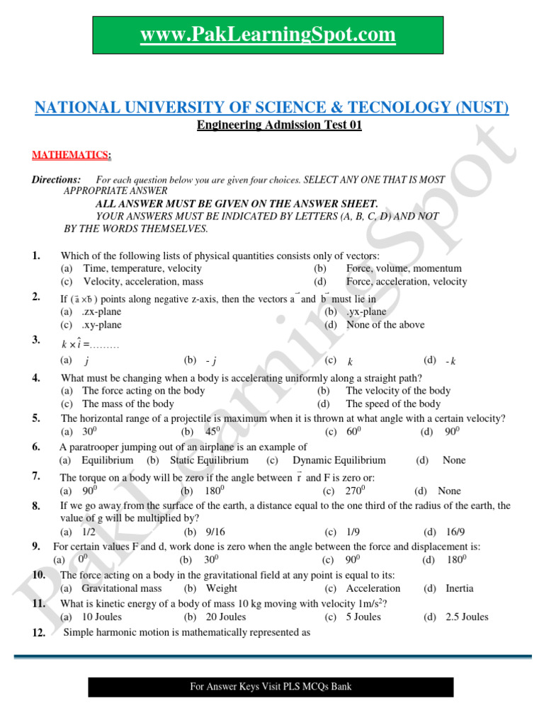 NUST Paper-01 PakLearningSpot | PDF | Matrix (Mathematics) | Force