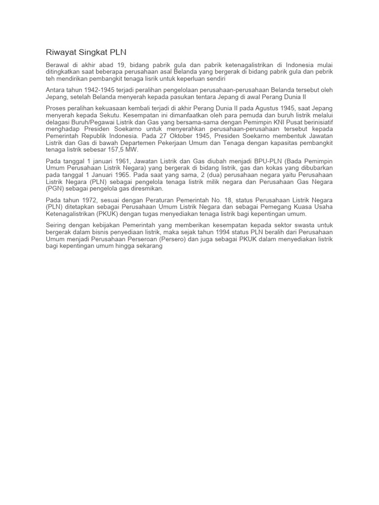 Sejarah Perusahaan Listrik Negara (PLN) | PDF | Politik | Perjalanan