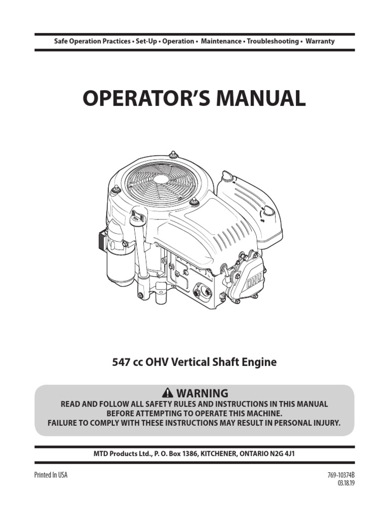 Operator'S Manual: 547 CC OHV Vertical Shaft Engine | PDF | Gasoline ...
