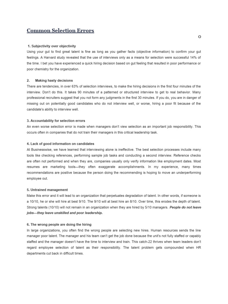 Common Selection Errors | PDF | Recruitment | Industrial And ... Common Selection Errors | PDF | Recruitment | Industrial And ...