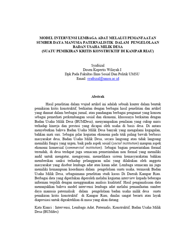 Model Intervensi Lembaga Adat Melalui Pemanfaatan Sumber Daya Manusia ...