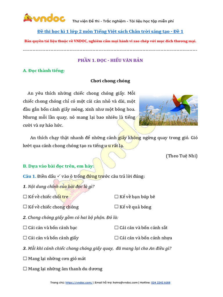 De Thi Hoc Ki 1 Lop 2 Mon Tieng Viet Sach Chan Troi Sang Tao de 1 | PDF