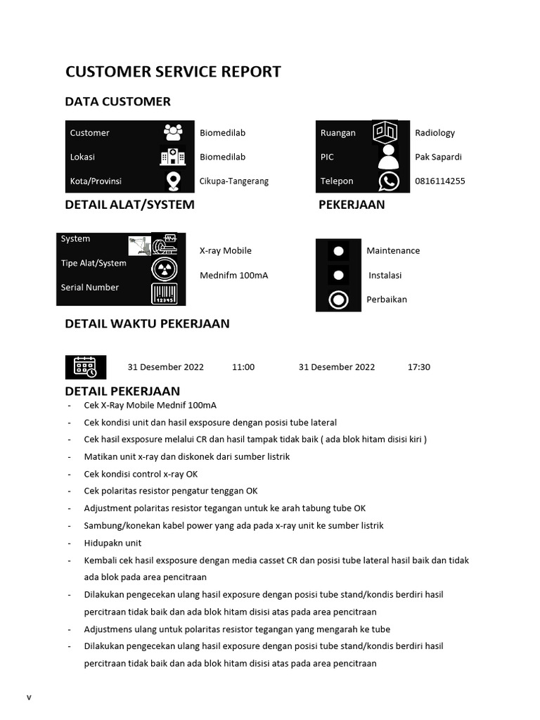 CUSTOMER SERVICE REPORT Pengecekan X-Ray Mobile Mednif 100ma | PDF