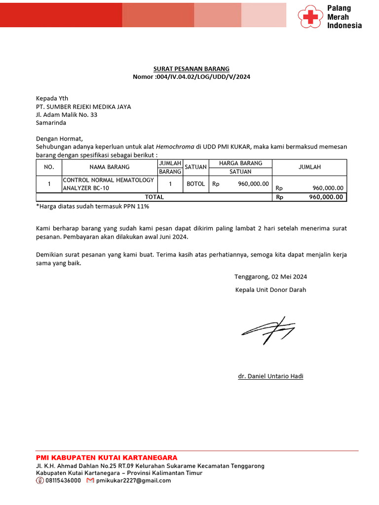 Surat Pesanan Alat Hemochroma PMI KUKAR | PDF
