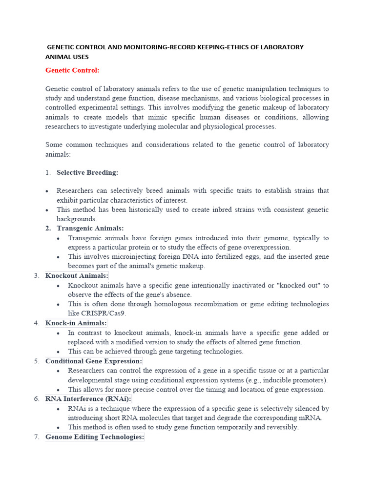 Genetic Control & Monitoring in Lab Animals | PDF | Gene Knockout | Gene