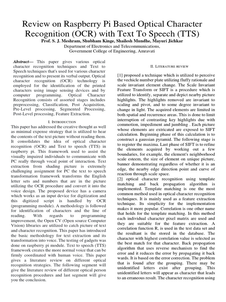 Review Paper On Raspberry Pi Based Ocr With Tts 19104013 18004037 18004051 Pdf Optical