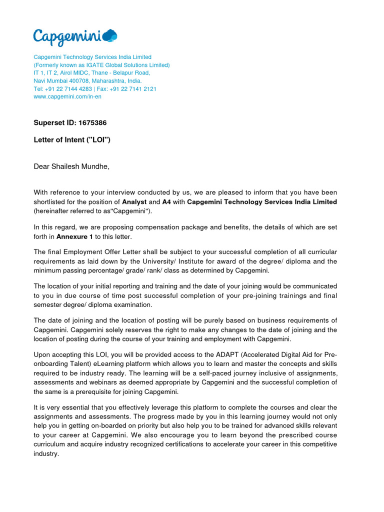 Capgemini - Letter of Intent | PDF