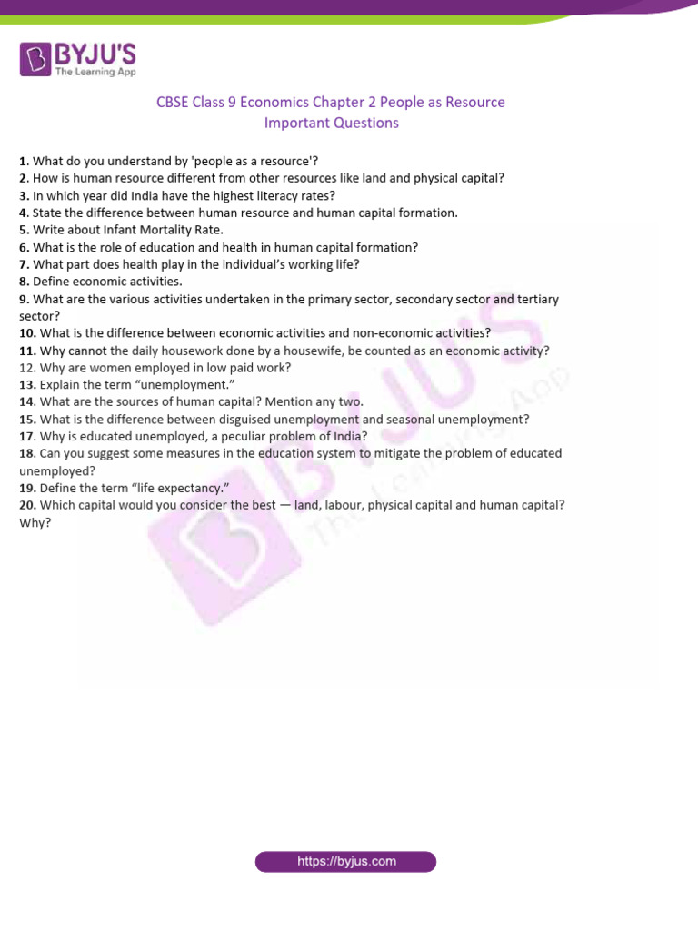 Economics Chapter 2 People As Resource Important Questions | PDF