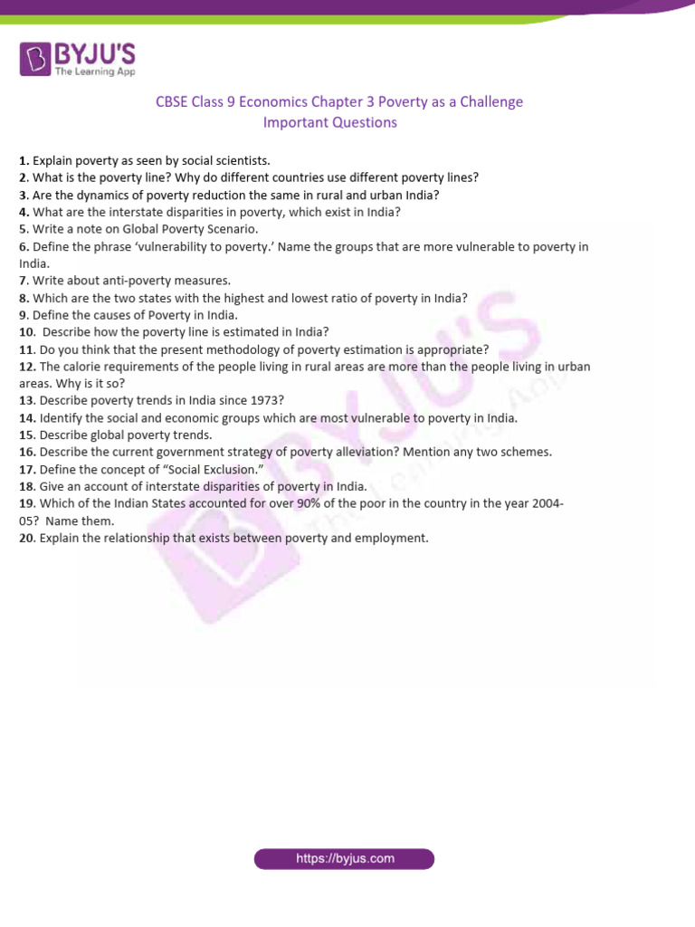 Economics Chapter 3 Poverty As A Challenge Important Questions | PDF