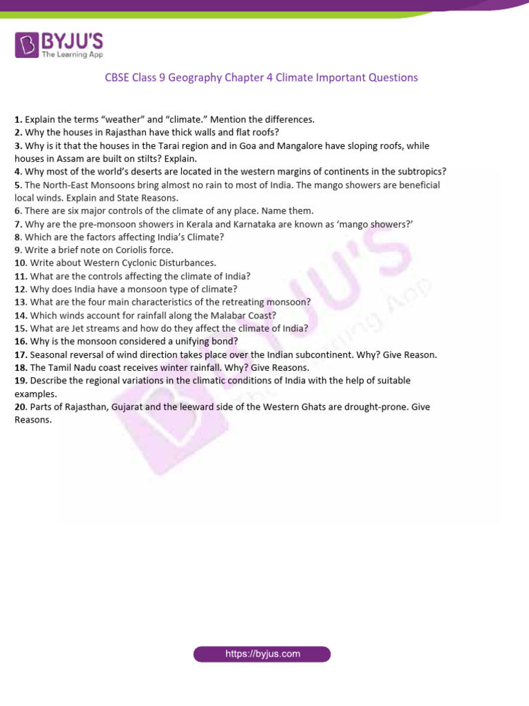 Class 9 Geography: Climate Key Questions | PDF