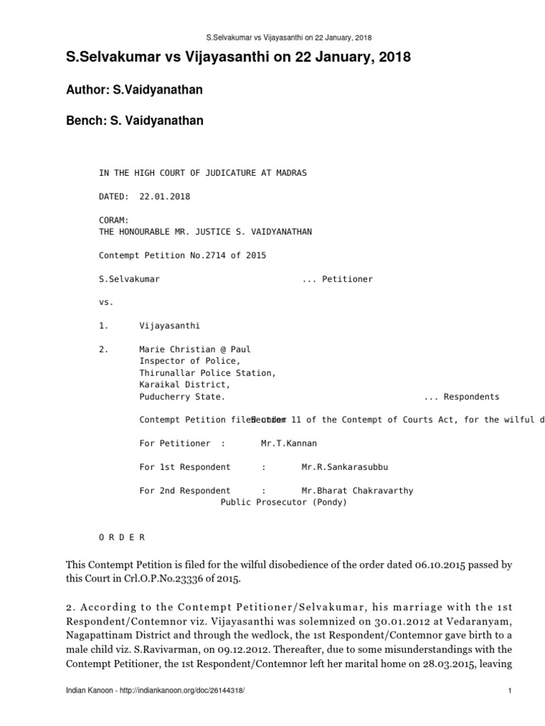 S Selvakumar Vs Vijayasanthi On 22 January 2018 | PDF | Contempt Of Court | Child Custody