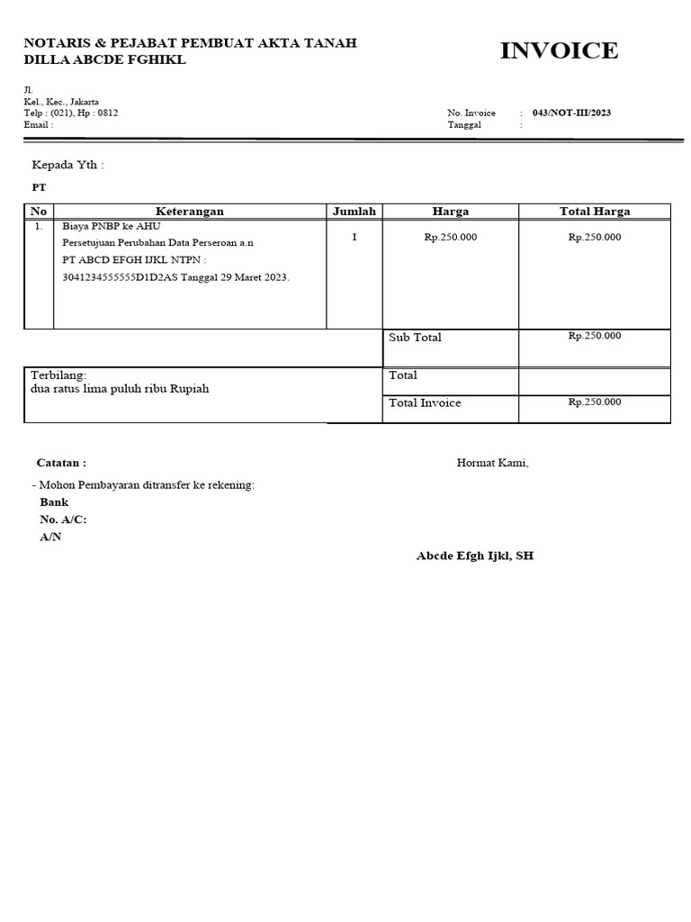 Contoh Invoice Pembayaran Notaris | PDF