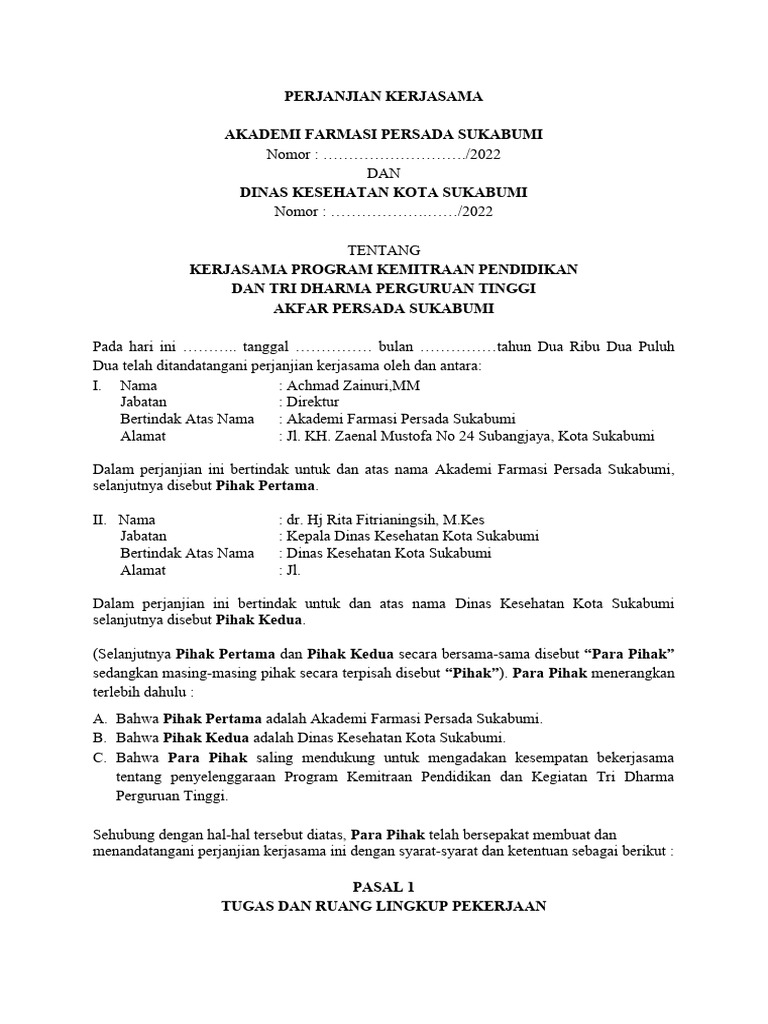 DRAF MOU Dinkes Kota DG Akfar | PDF