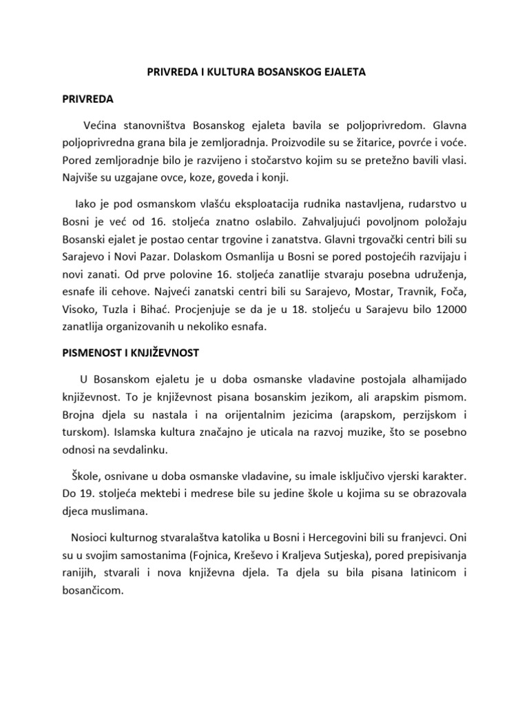 Privreda I Kultura Bosanskog Ejaleta | PDF