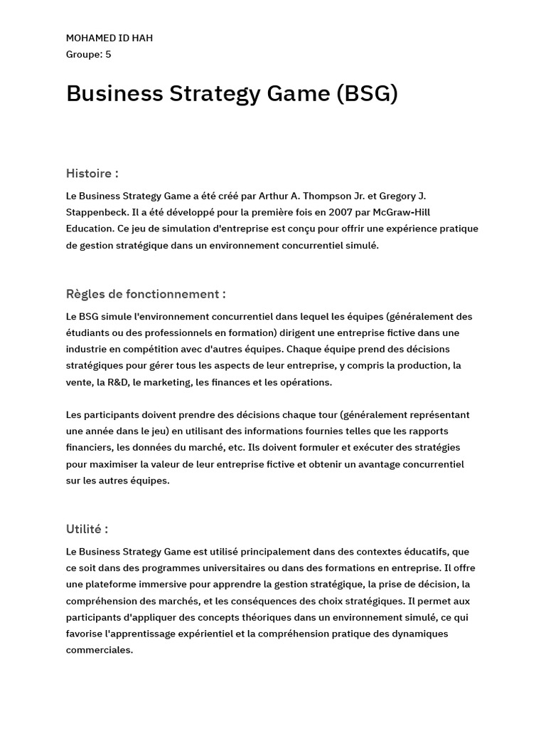 Jeu de stratégie d'entreprise BSG | PDF